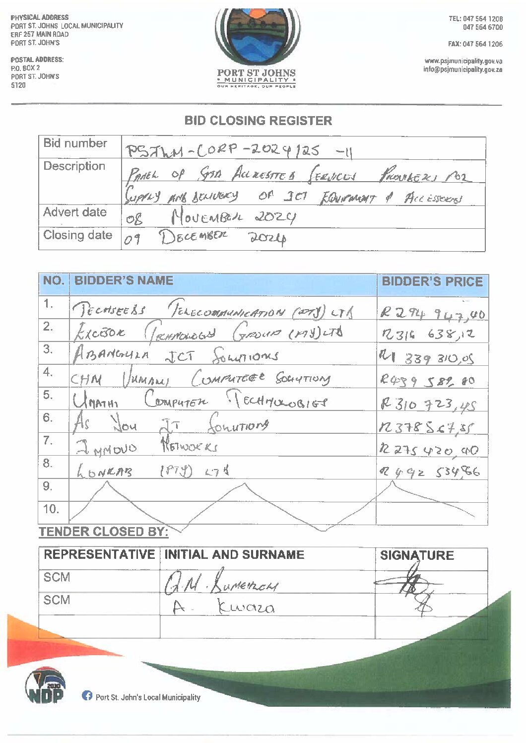 ICT Equipment Closing Register - Port St. Johns Municipality
